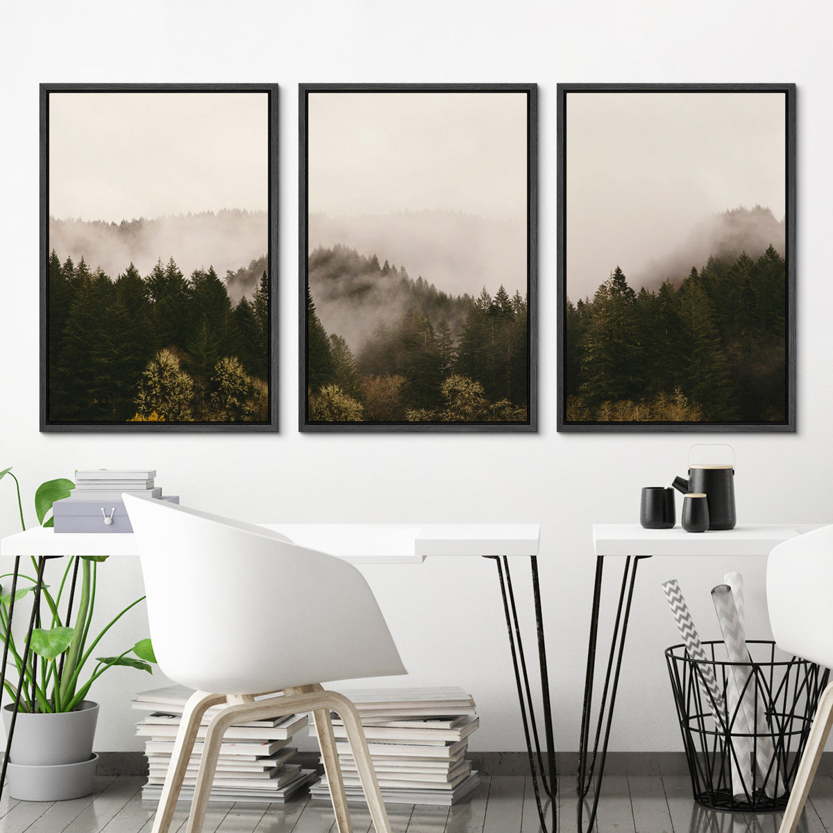 IDEA4WALL Misty Forest Landscape Brown Mountain Nature Decor Framed Canvas 3 Pieces Photograph ...